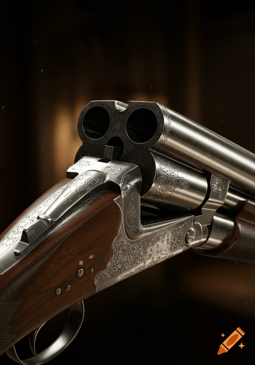 Close-up of an ornate double-barreled shotgun on Craiyon