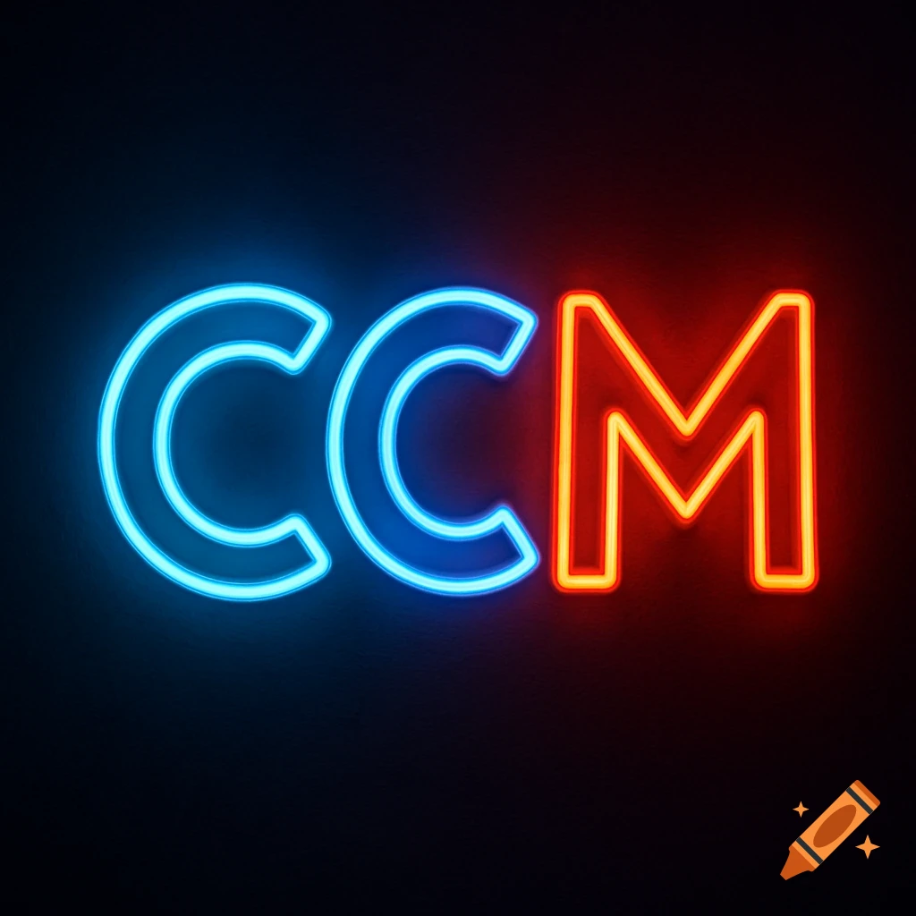 Neon sign displaying the letters CCM in blue and red on a dark background. on Craiyon
