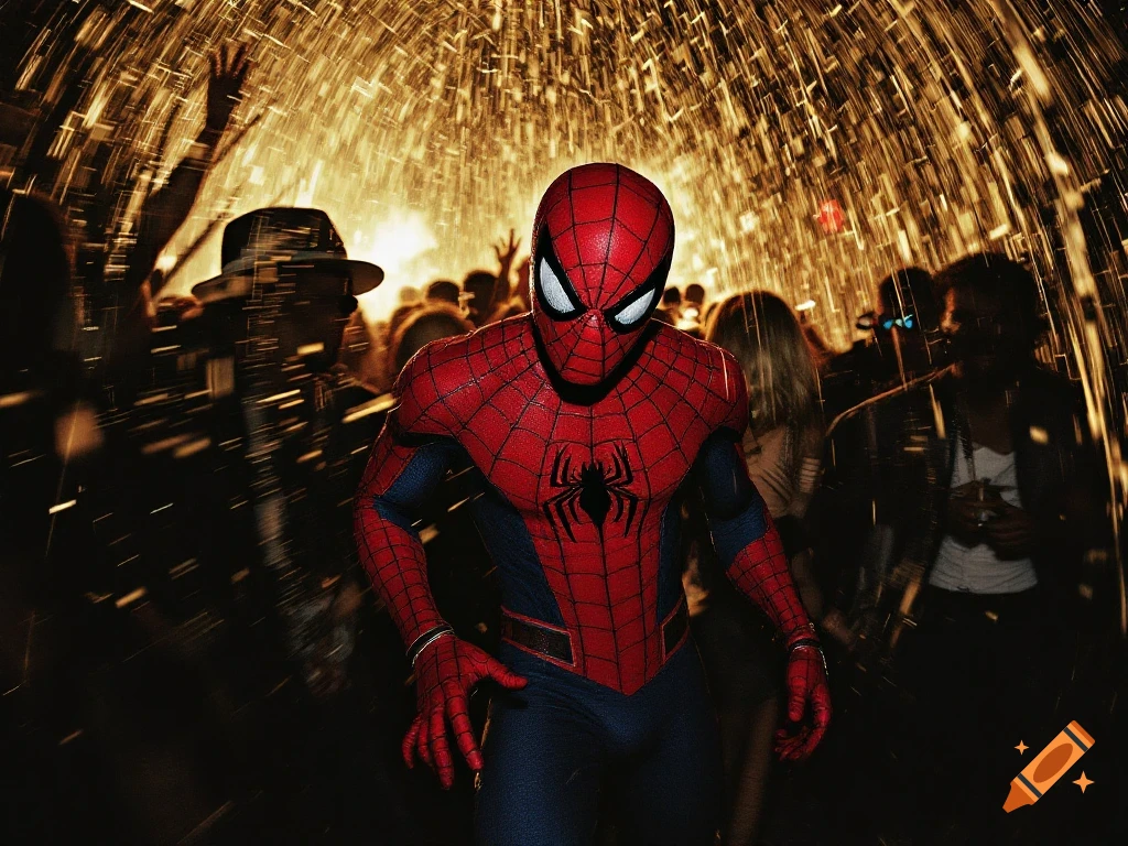 Spider-Man standing in a crowded party with dramatic lighting and ...