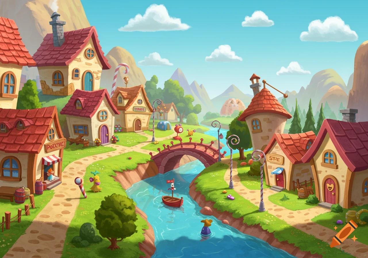 A cheerful cartoon town landscape with colorful houses, a river, a ...