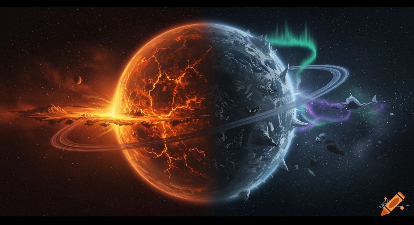 Planet split between fiery and icy sides in space with rings and ...