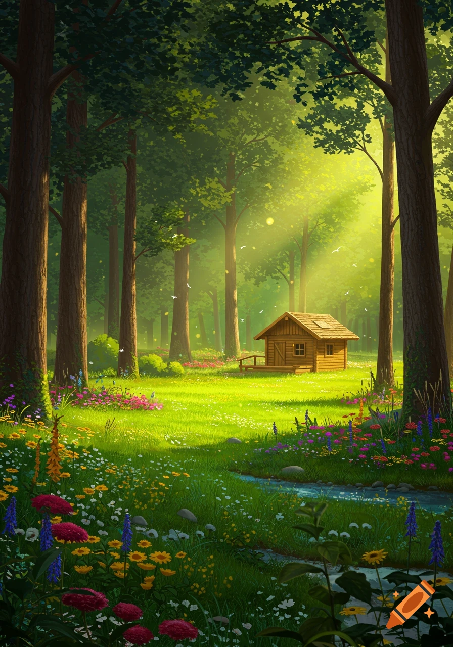 A log cabin sits in a sun-dappled forest clearing with a stream and ...