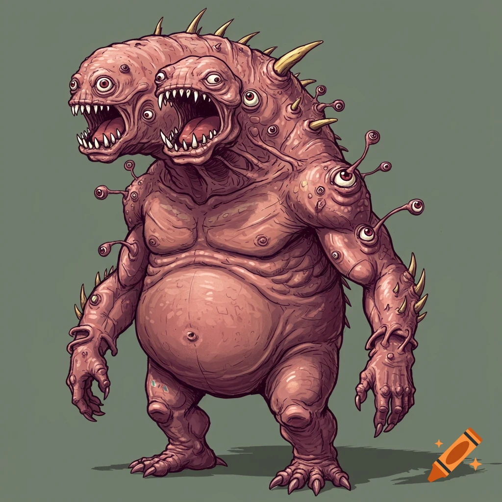 Illustration of a grotesque two-headed, multi-eyed monster with spikes ...