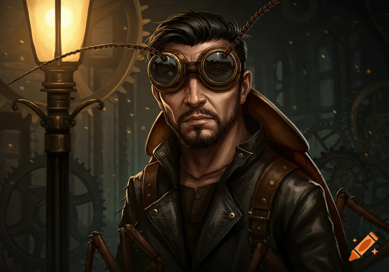 Steampunk portrait of an anthropomorphic man with cockroach features ...