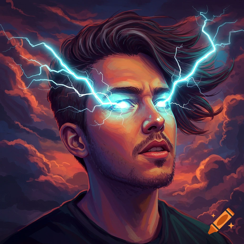 Man with glowing blue lightning shooting from his eyes, looking up ...