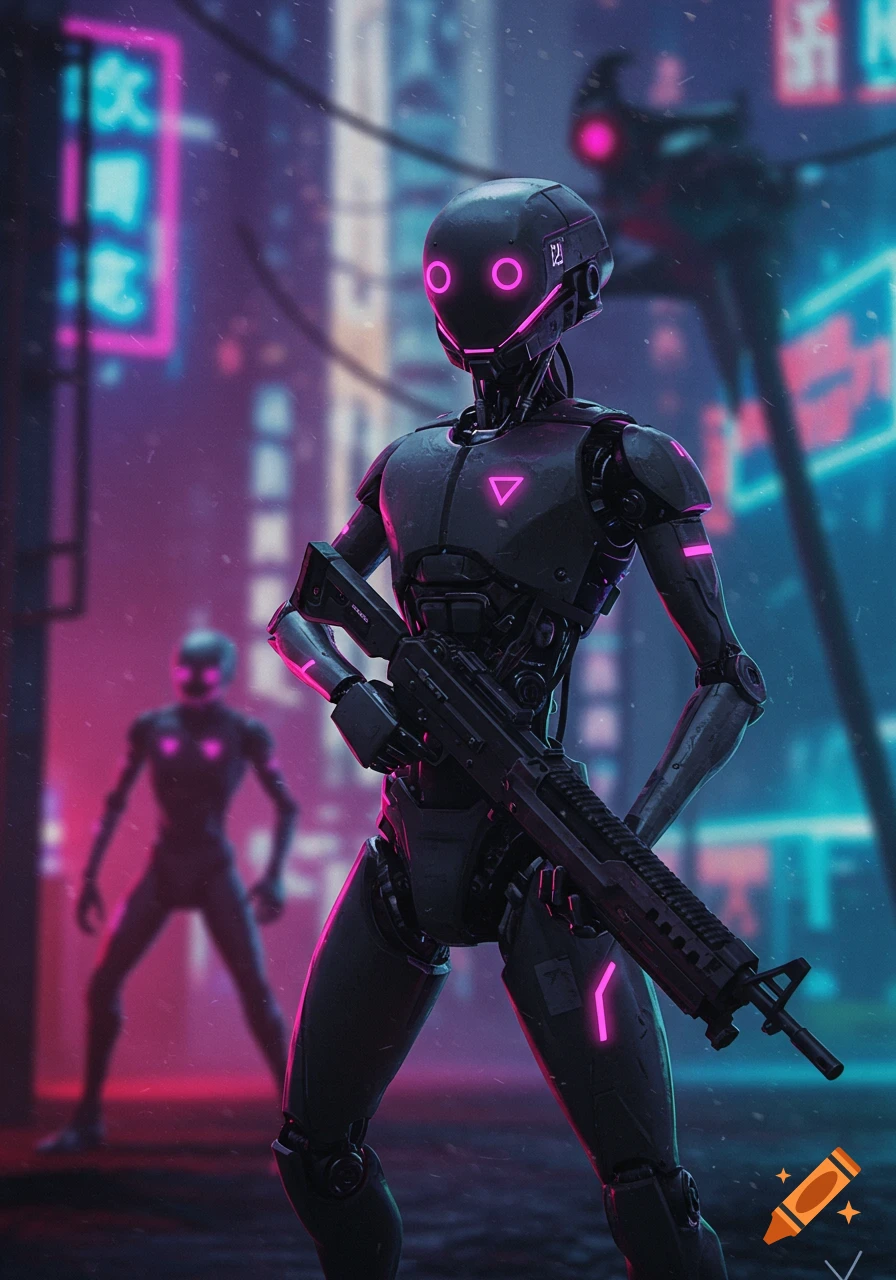 Two dark robots with pink glowing accents in a cyberpunk city, one ...