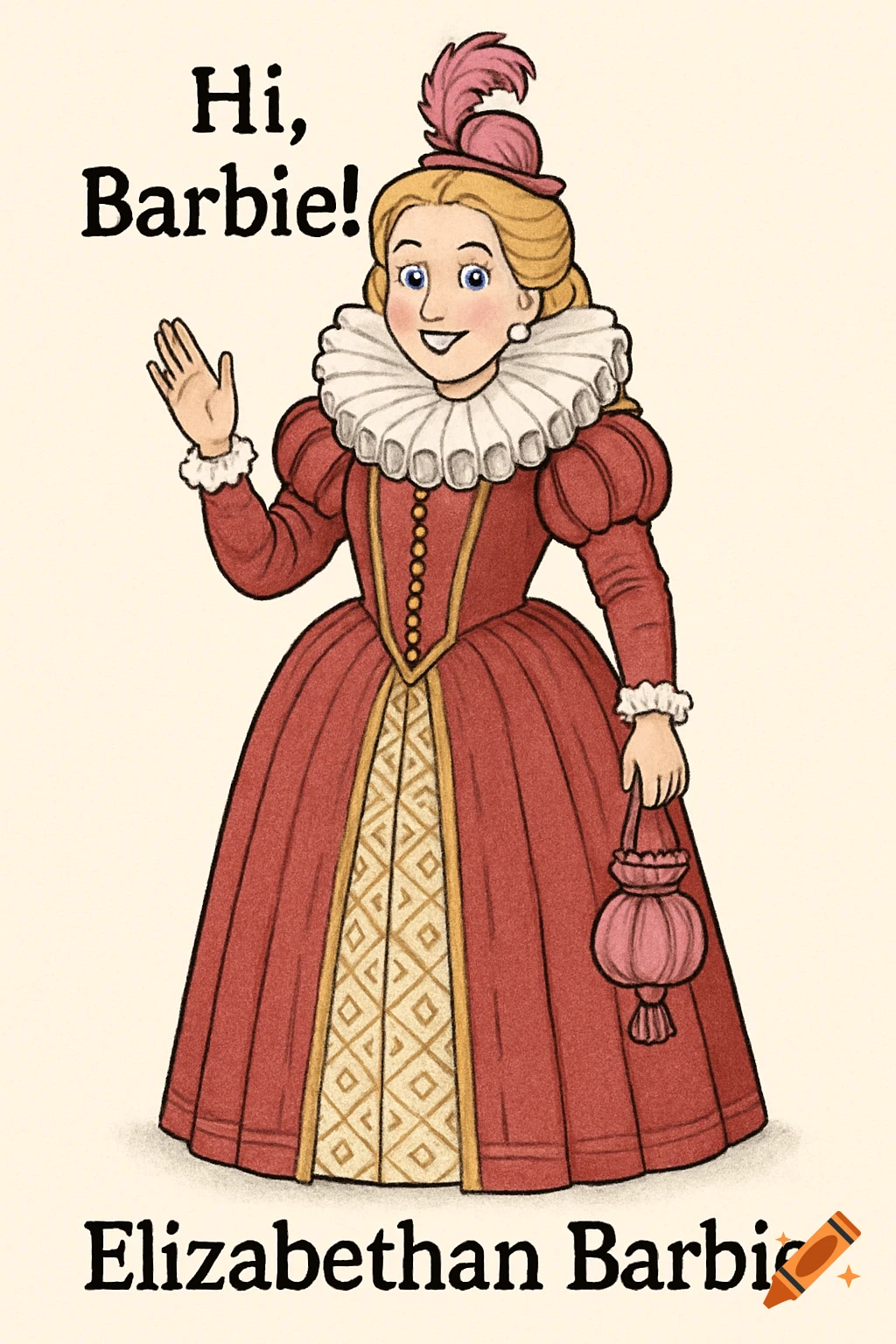 Cartoon drawing of a woman in an elaborate Elizabethan red dress, large ...