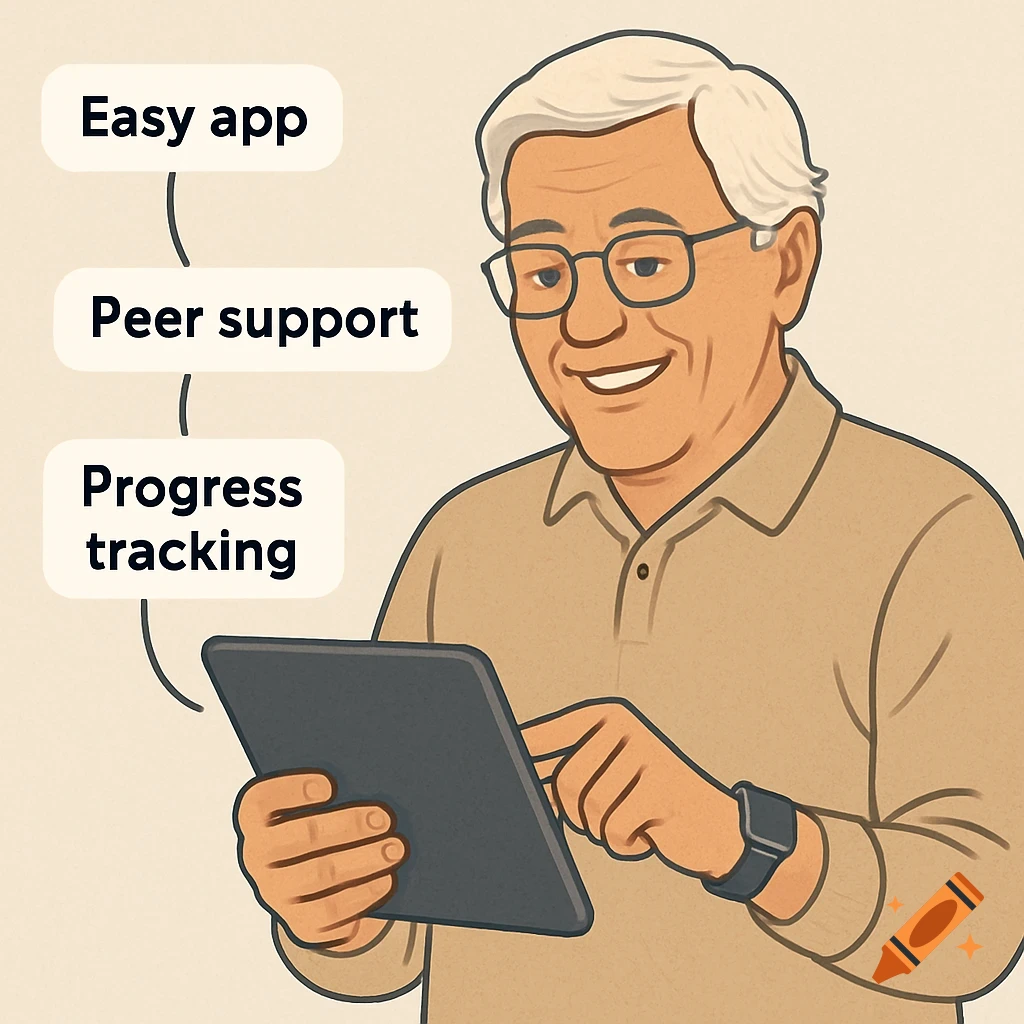 Illustration of an older man using a tablet with labels 'Easy app ...