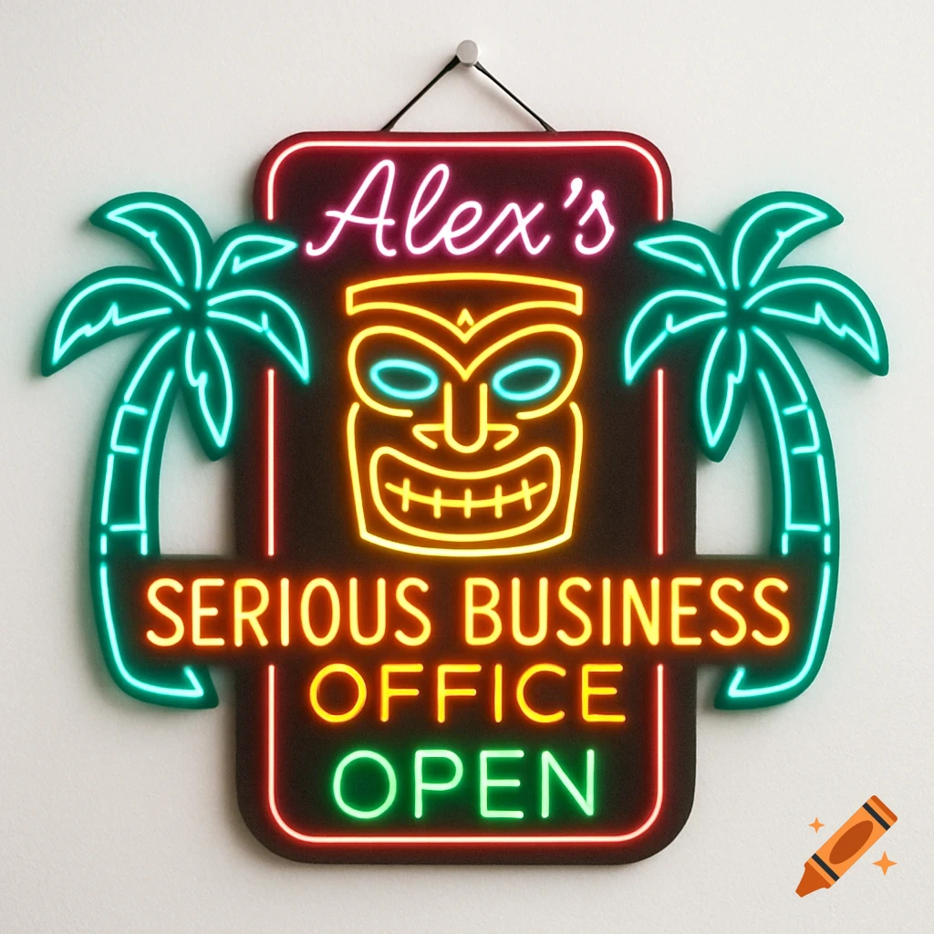 Neon sign for Alex's Serious Business Office - Open, featuring a tiki ...