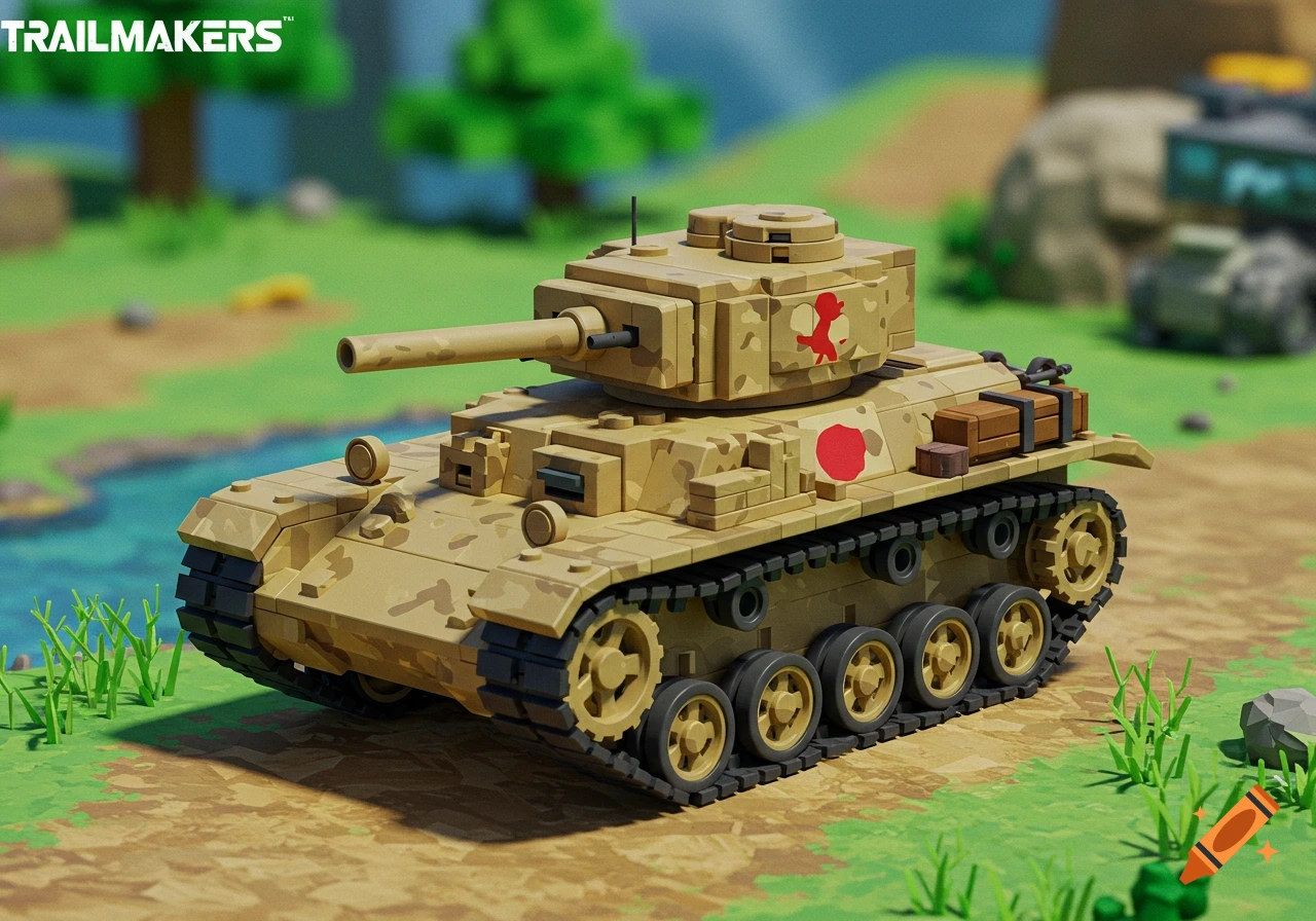 A blocky, desert camouflage Japanese tank in a grassy game environment ...