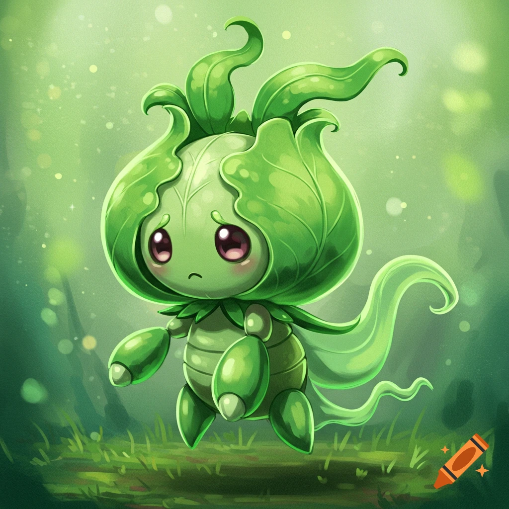 A cute, sad, green cabbage-like creature with big eyes stands in a blurry green forest. on Craiyon