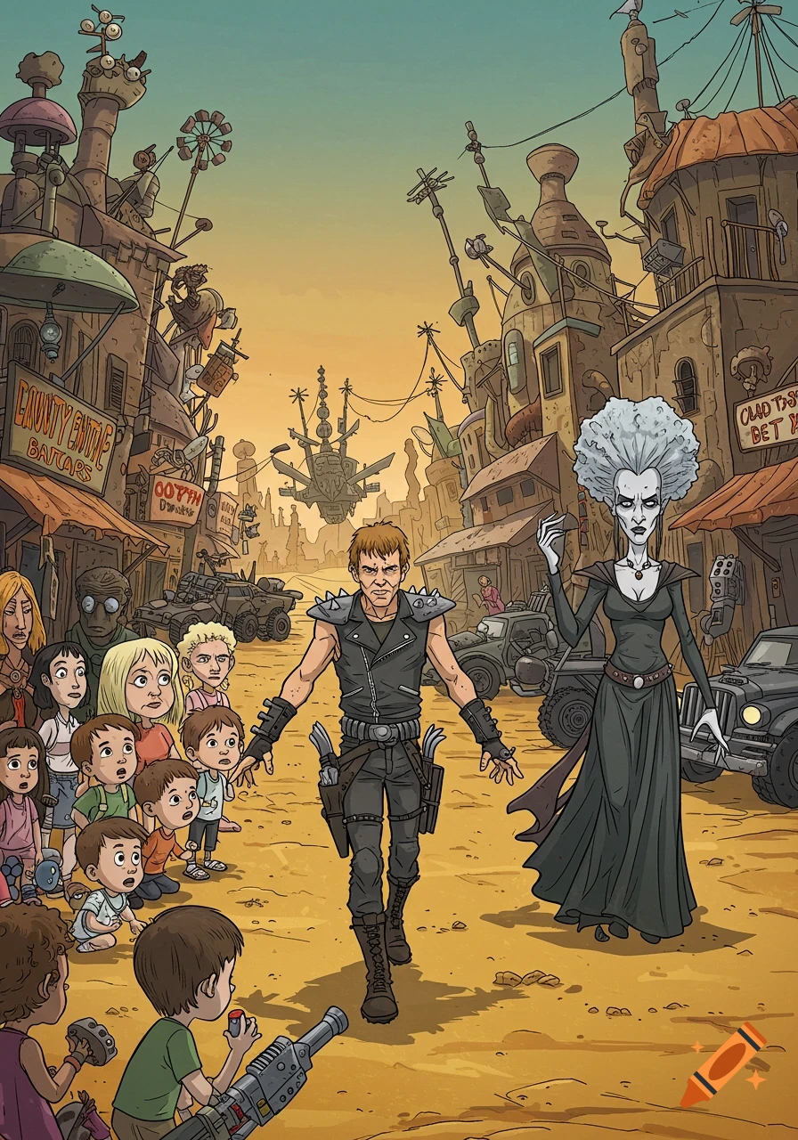 Cartoon of a man and woman walking down a street in a desert town ...