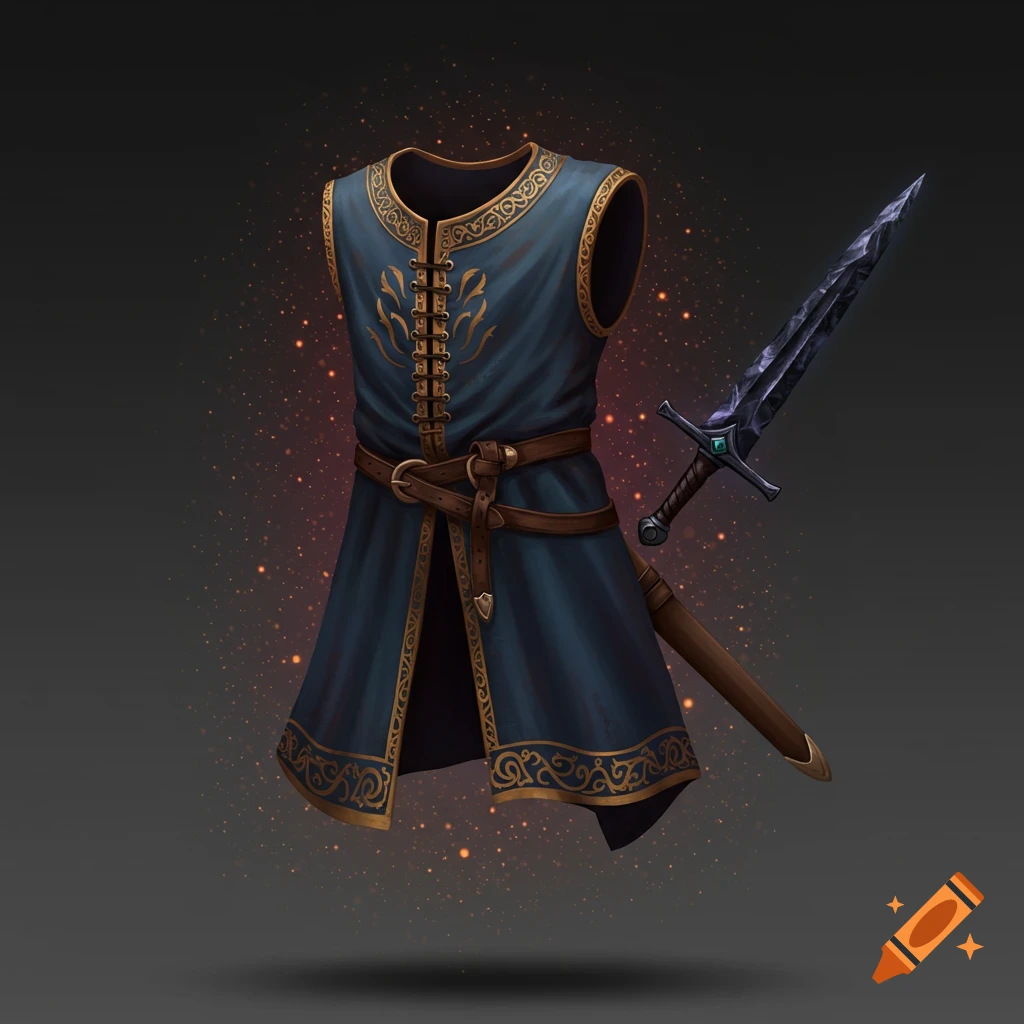 Blue medieval tunic and obsidian sword floating against a dark ...