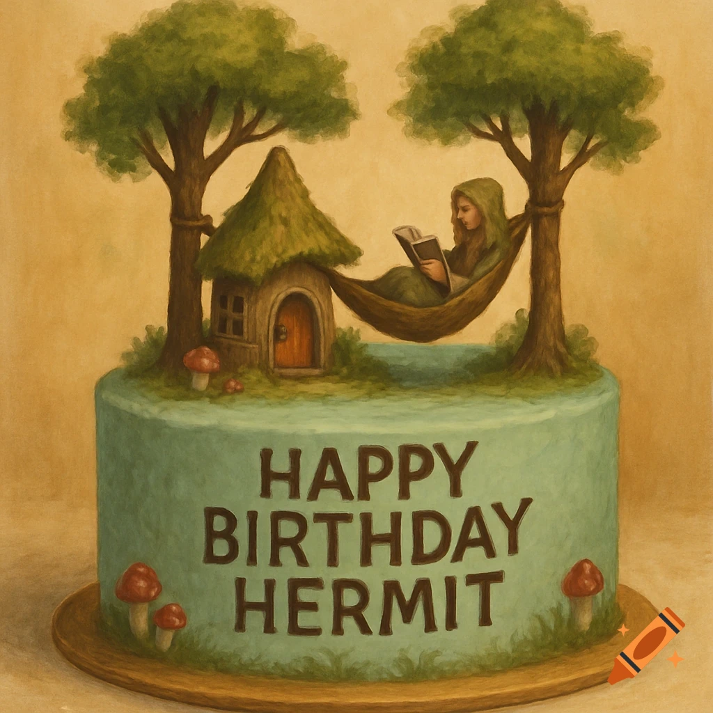 Birthday cake decorated with a small house, trees, a person reading in ...