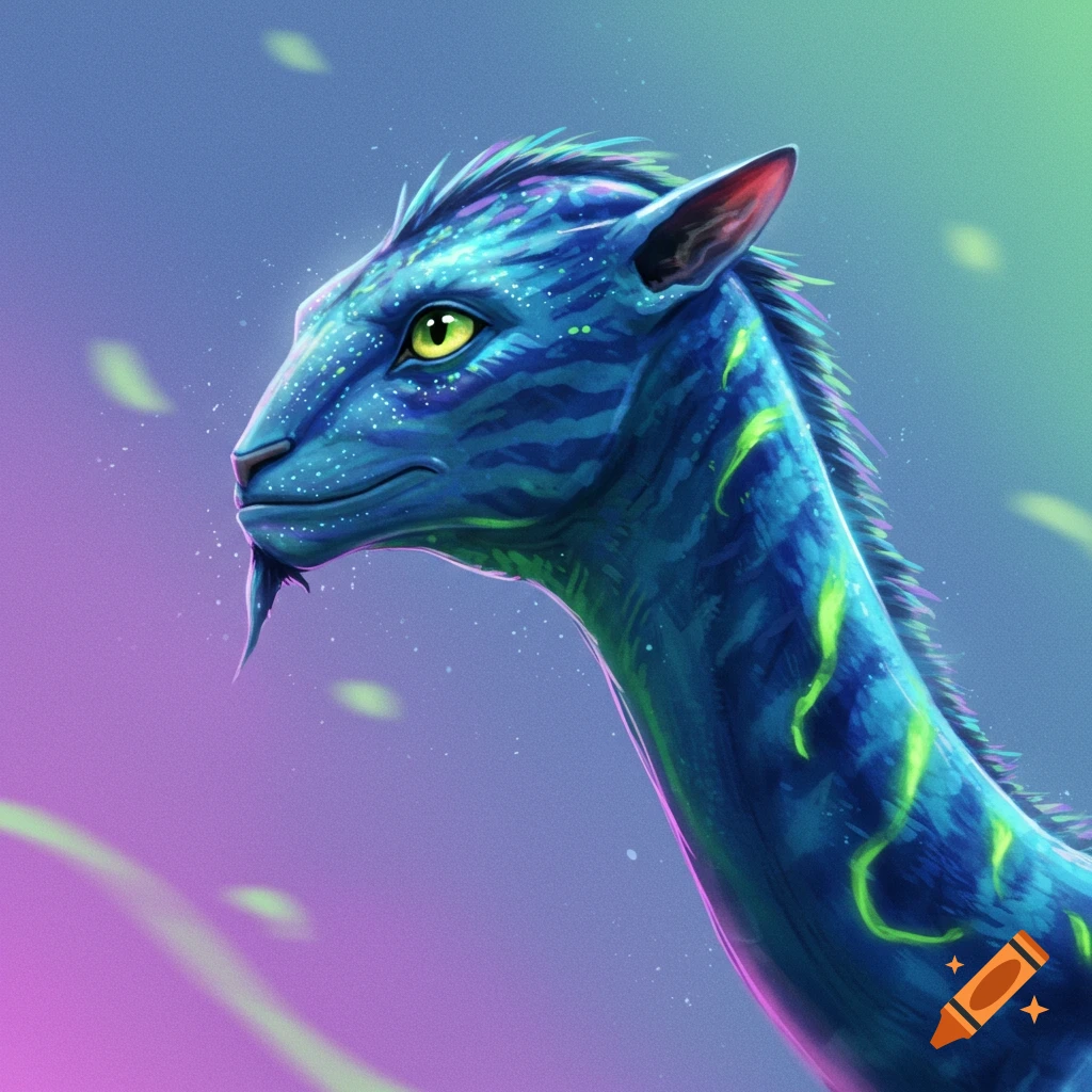 Portrait of a blue fantasy creature with yellow eyes and green markings ...