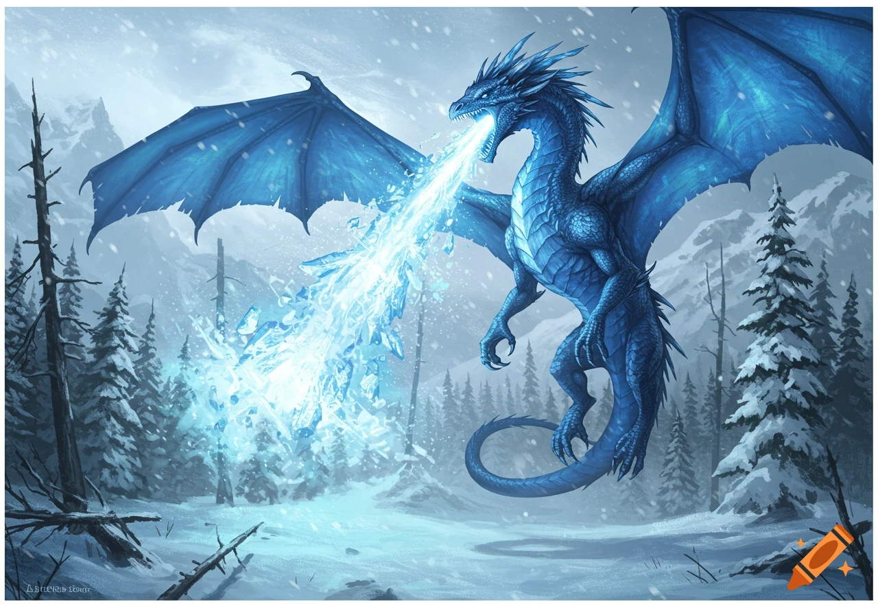 A blue dragon breathes ice in a snowy arctic forest. on Craiyon