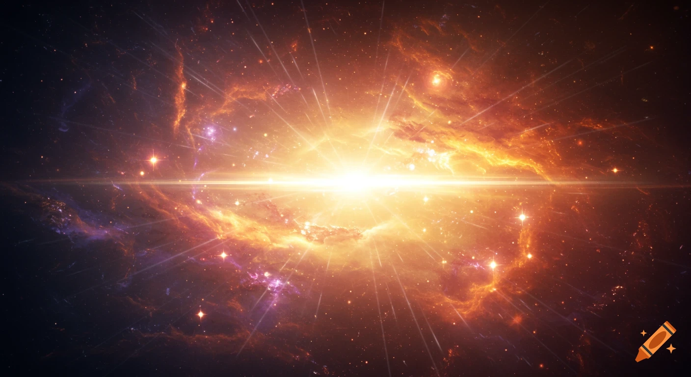 A bright cosmic explosion of light illuminates swirling orange and ...