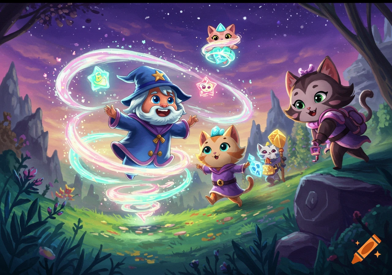 Cartoon wizard and cute cats use magic in a vibrant fantasy landscape ...