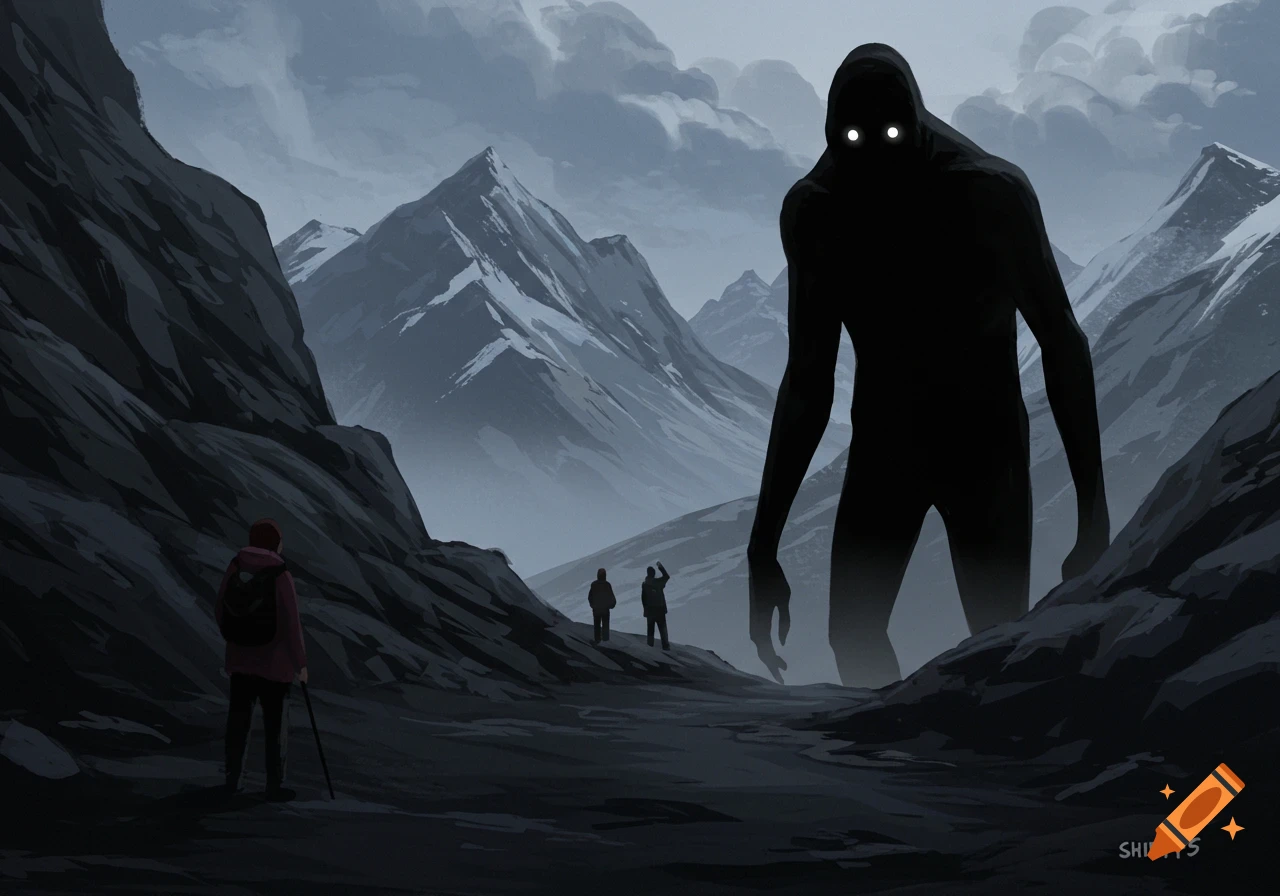 A large shadowy creature with glowing eyes looms over small figures in ...