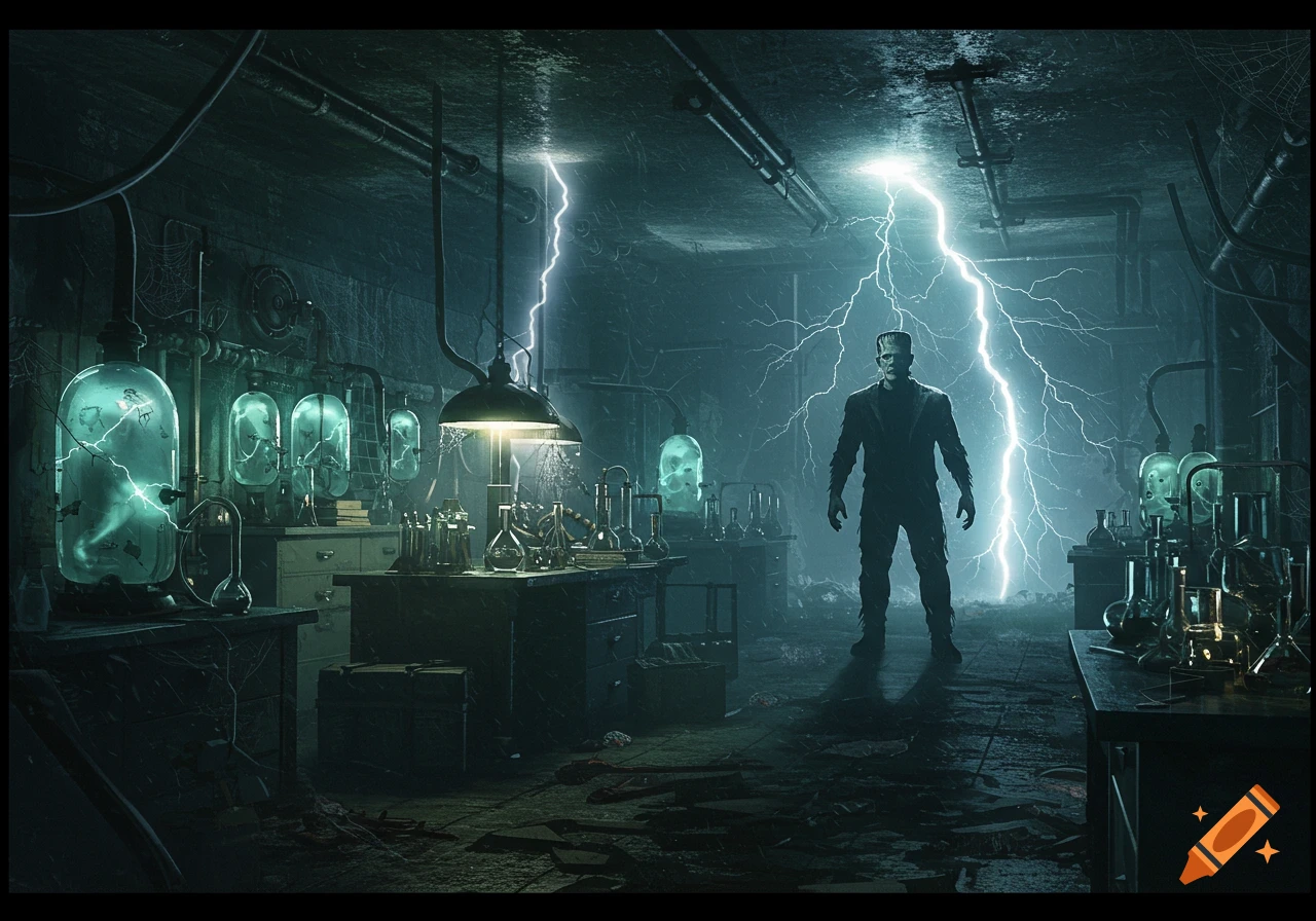 Frankenstein's monster stands in a lightning-filled laboratory with beakers and equipment. on ...