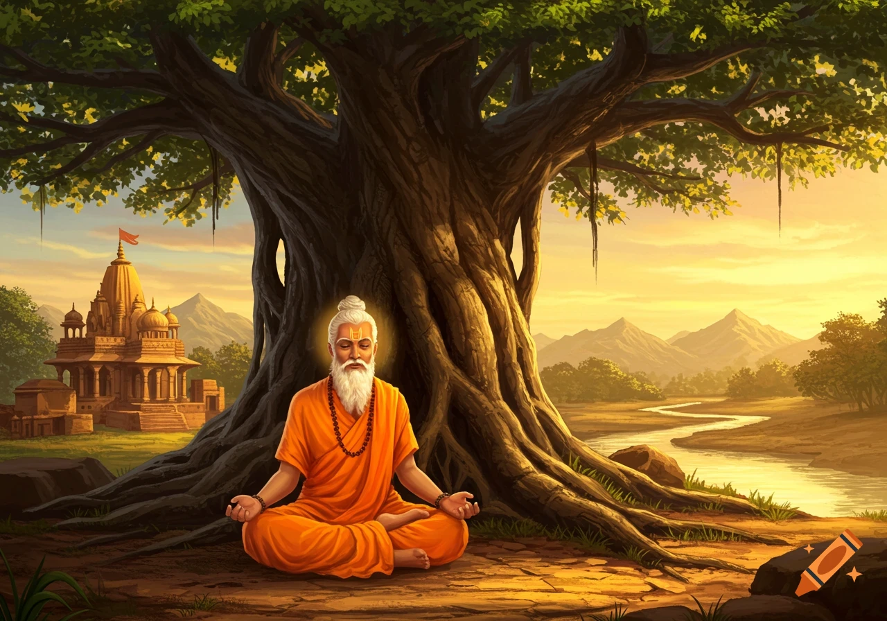 A sage in saffron robes meditates under a large tree at sunset, with an ...