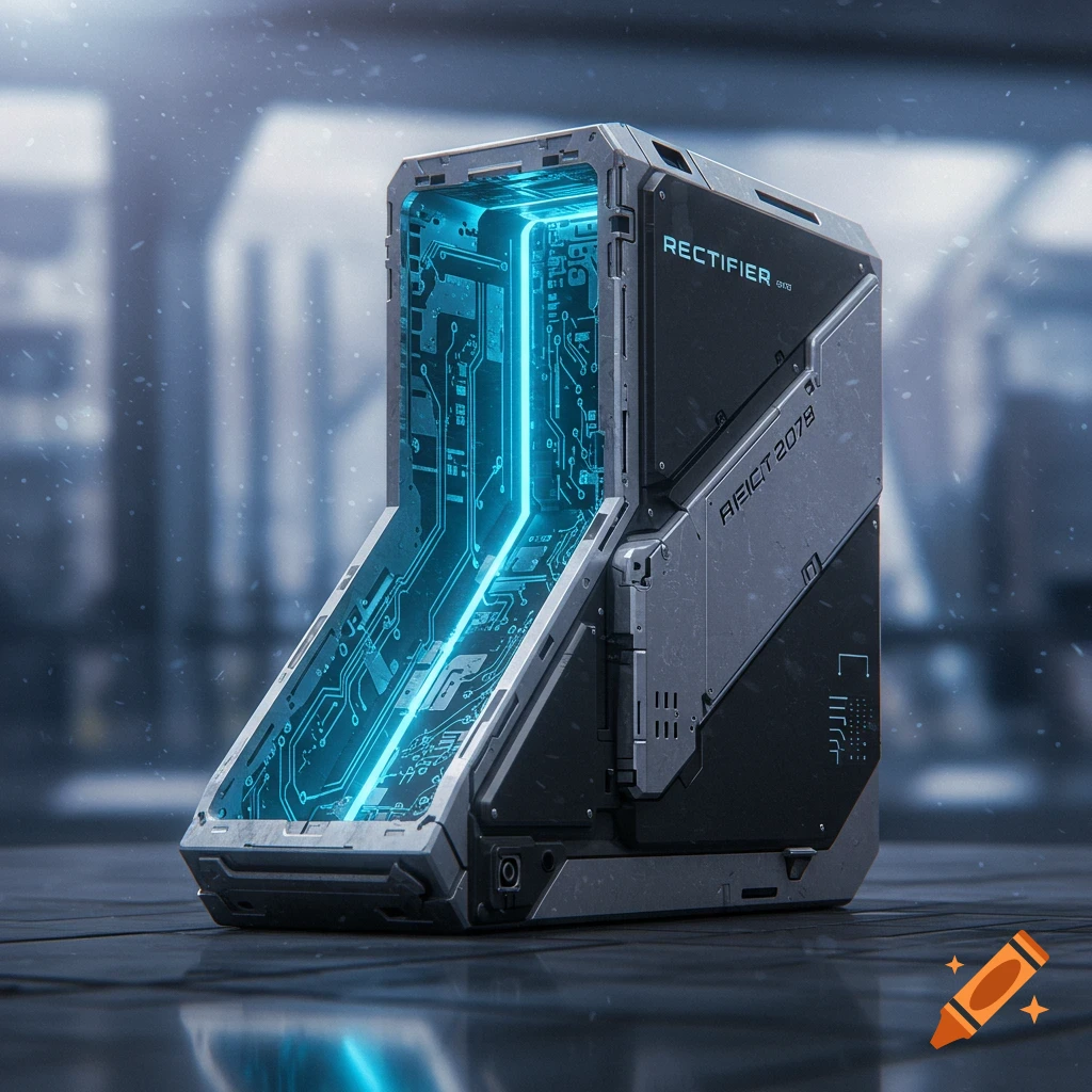 Futuristic sci-fi rectifier unit with glowing blue circuits on Craiyon