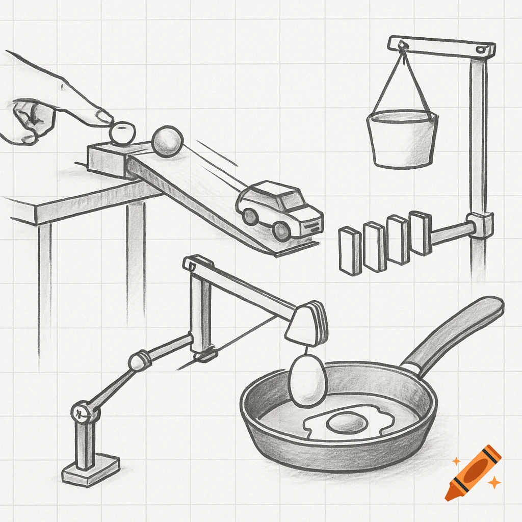 A sketch illustrating a Rube Goldberg machine cracking an egg ...