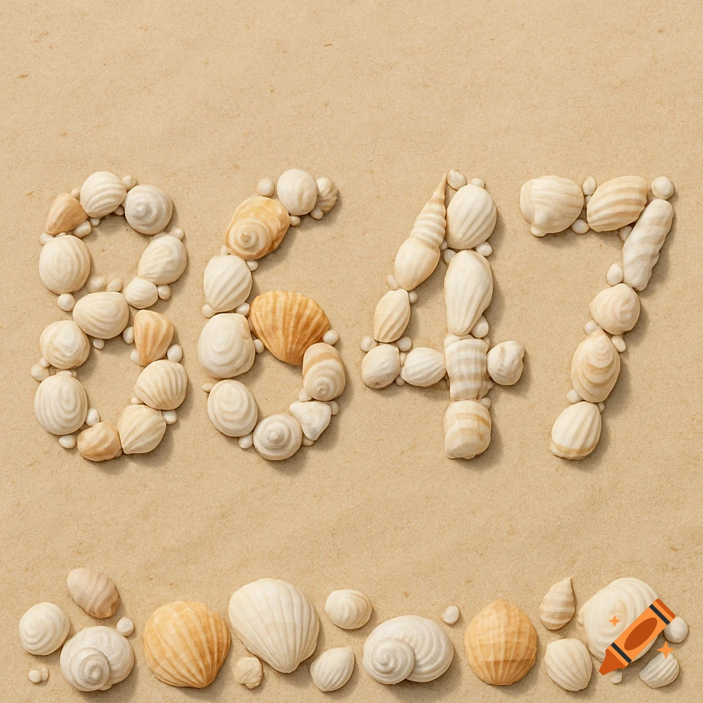 The numbers 8647 formed by seashells on sand. on Craiyon