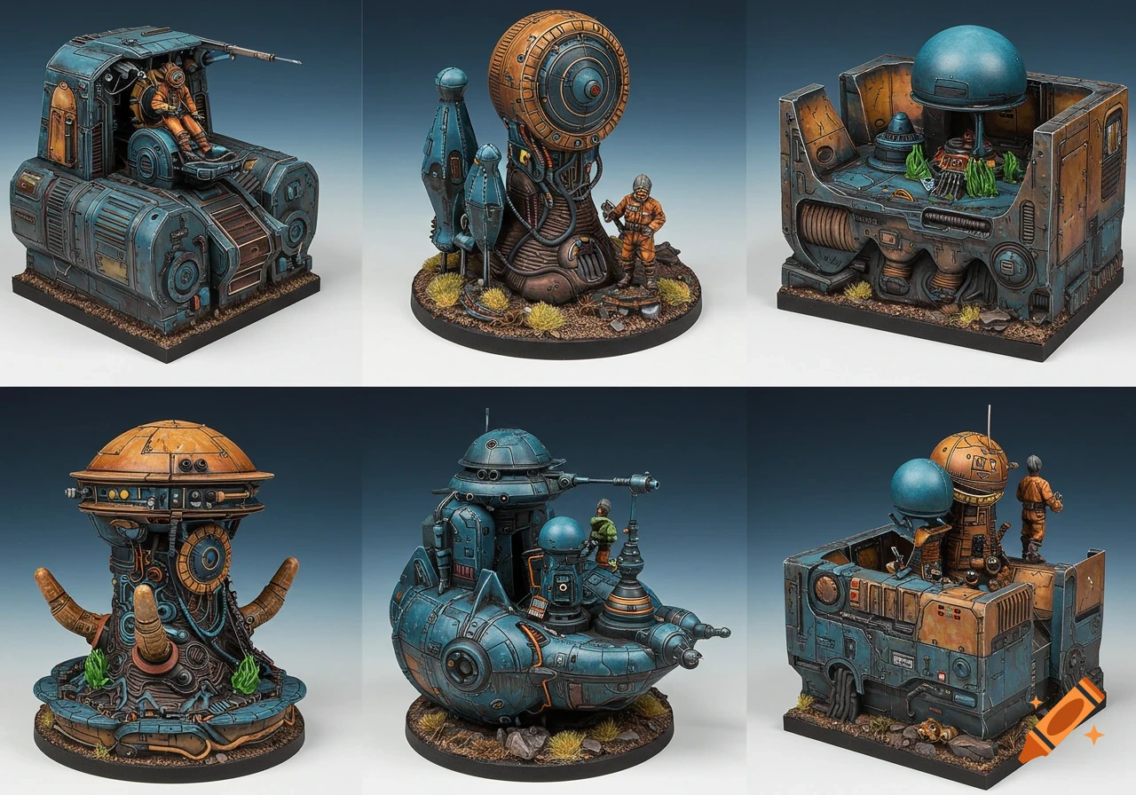 Collection of sci-fi miniature models of vehicles and structures in the ...