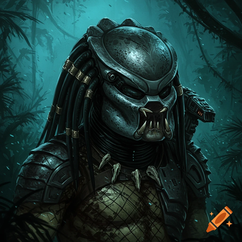 Close-up illustration of a Predator creature in a jungle setting. on ...