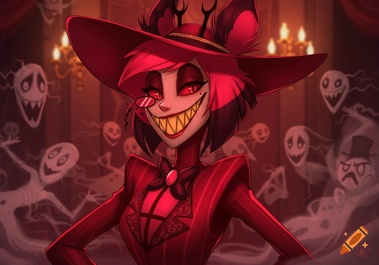 Female Alastor from Hazbin Hotel in red suit, with sharp teeth and red ...