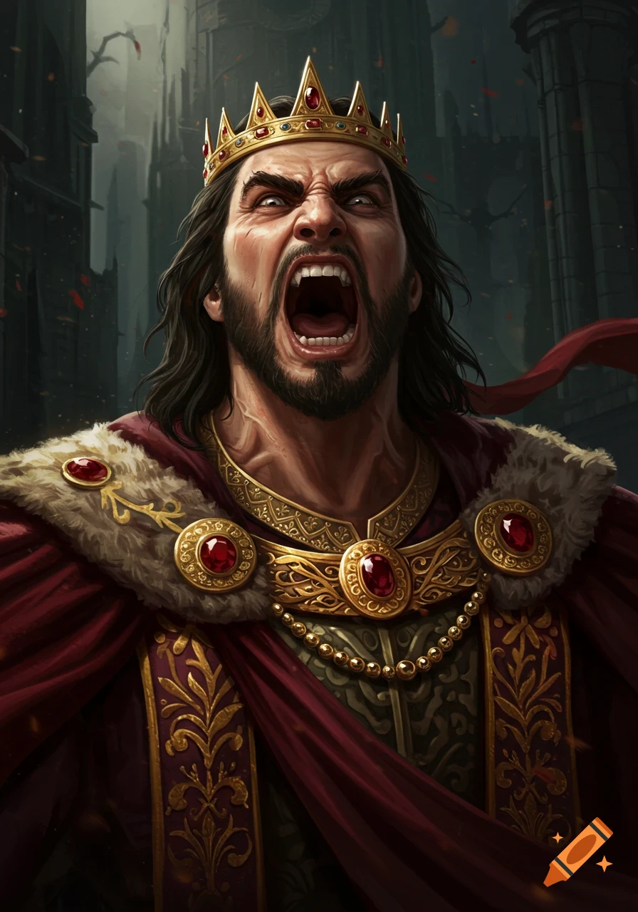 Digital painting of a furious king wearing a crown and elaborate red ...
