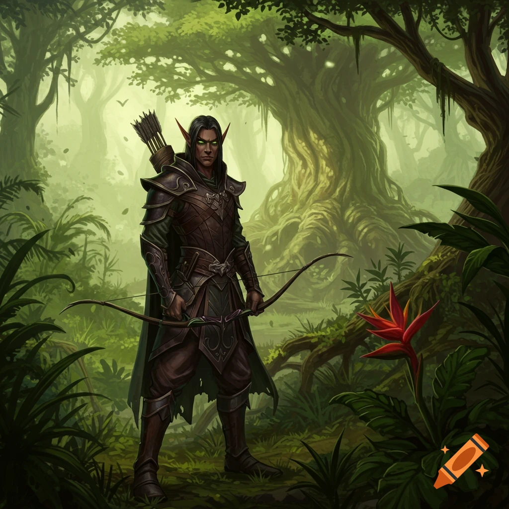 A male elf with a bow and arrow stands in a lush fantasy forest. on Craiyon