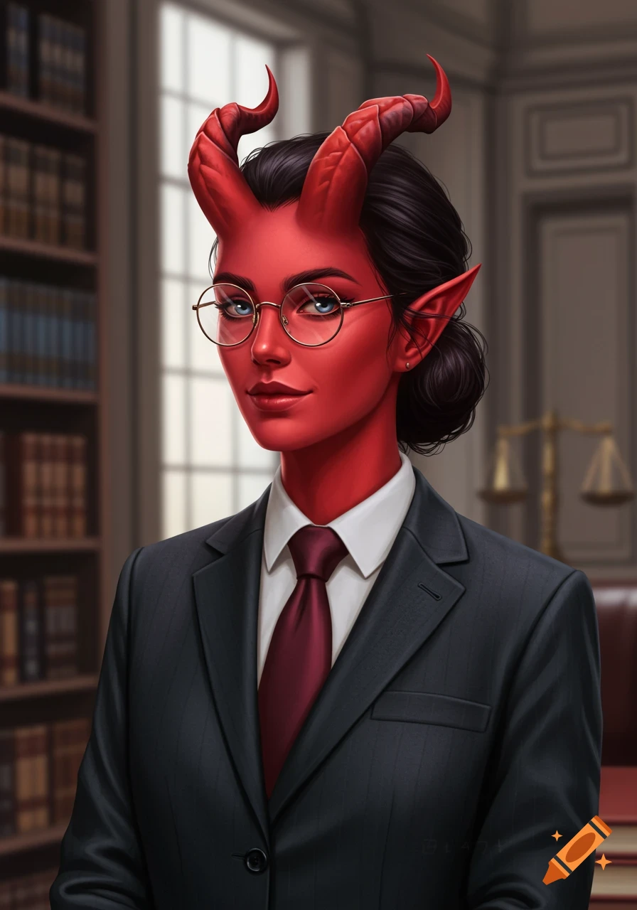Portrait of a red-skinned female tiefling in a suit and glasses in a library setting. on Craiyon
