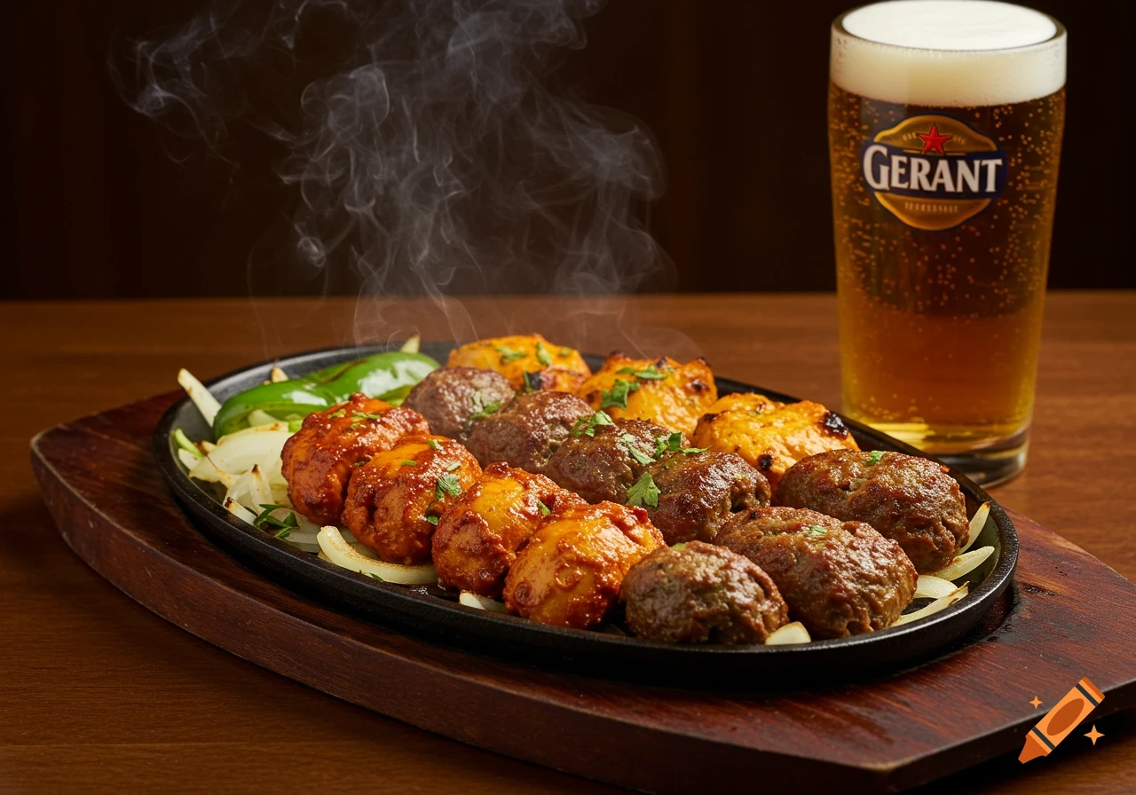 Indian mixed grill on a sizzling plate with onions, peppers, and a ...