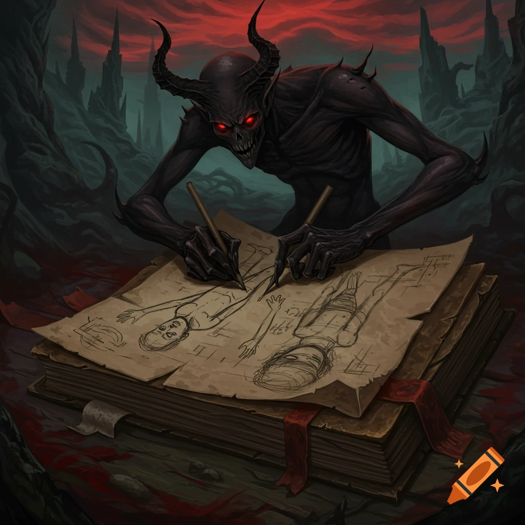 A dark demon with red eyes drawing sketches of humans on a large book ...