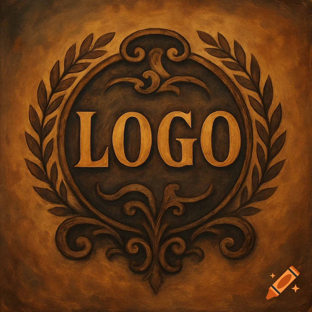 Bronze logo with wreath and flourishes and the word LOGO on Craiyon