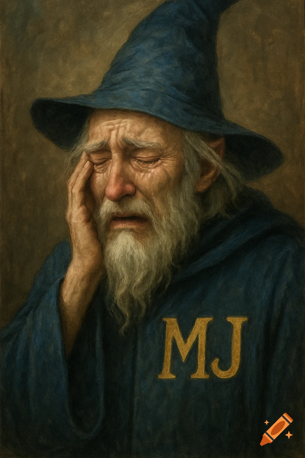 Portrait of a sad wizard with a beard and blue hat, crying, robe says ...