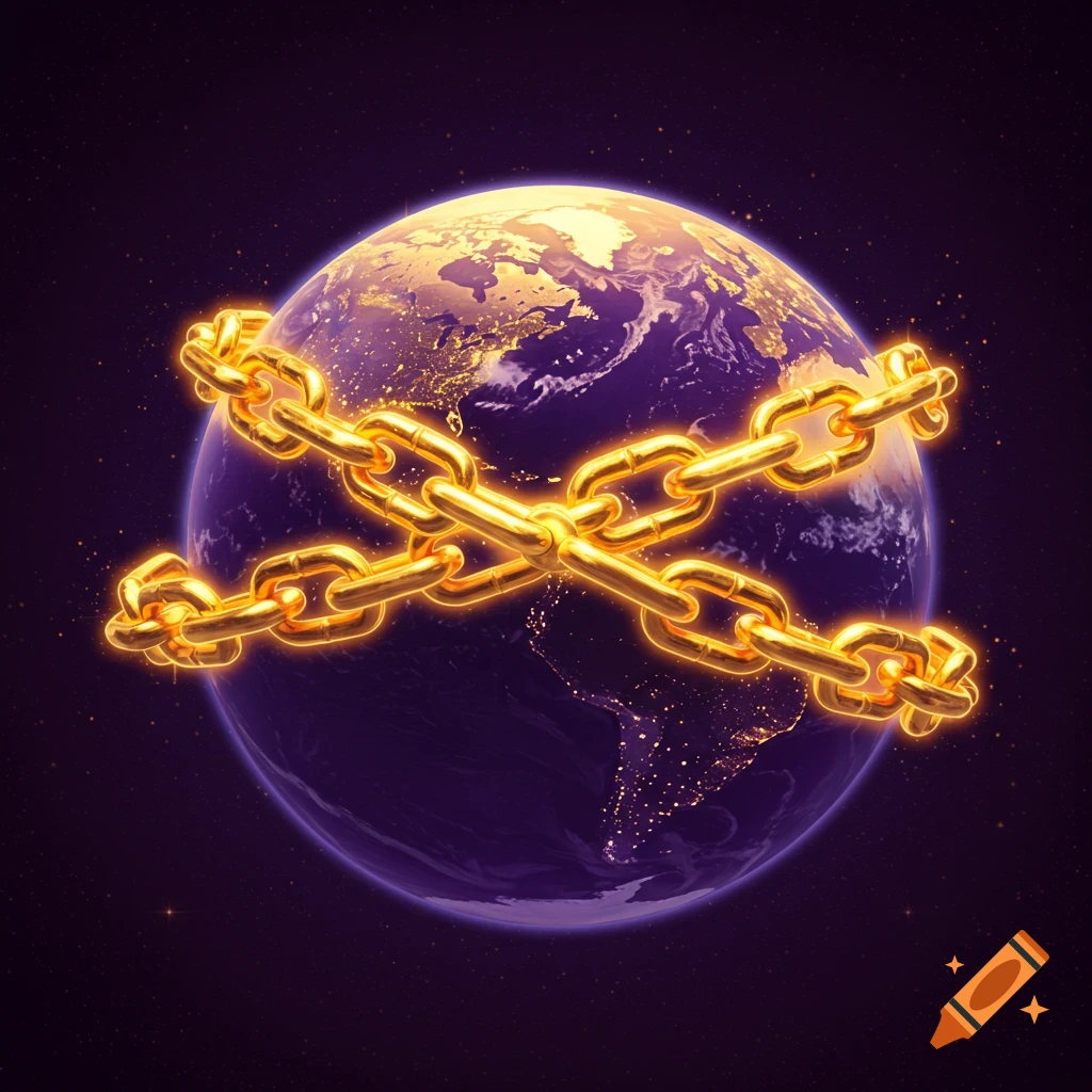 Earth wrapped in luminous golden chains, floating in space with stars ...