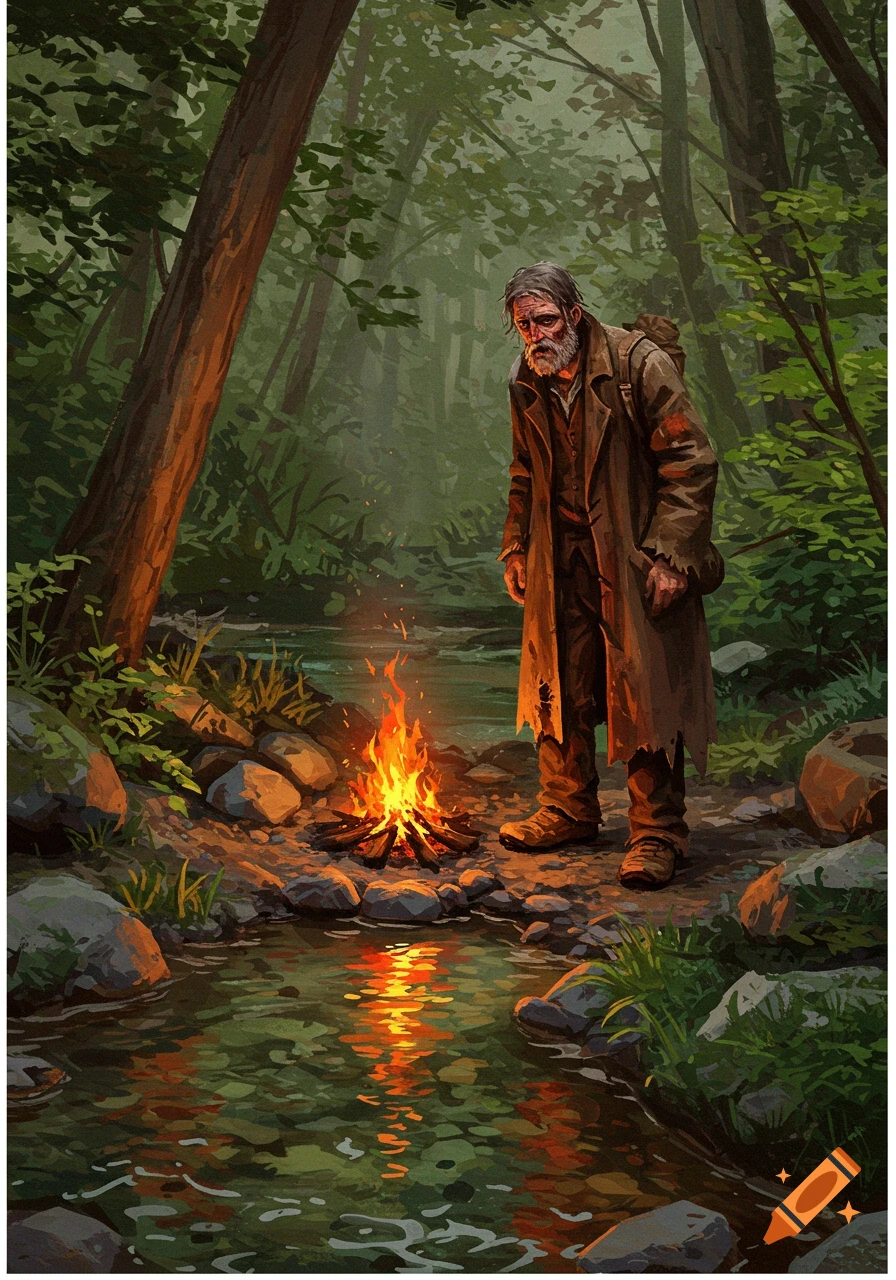 Stylized illustration of a ragged man standing by a campfire next to a ...