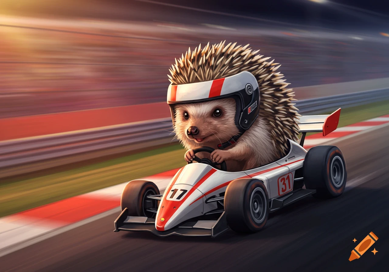 A cute hedgehog in a race car speeding on a track. on Craiyon