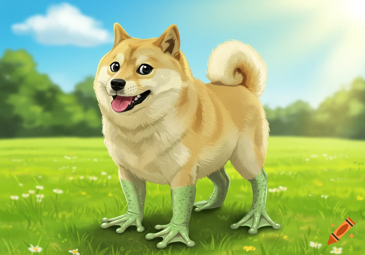 A cartoon Shiba Inu dog with bright green frog legs and feet stands in ...