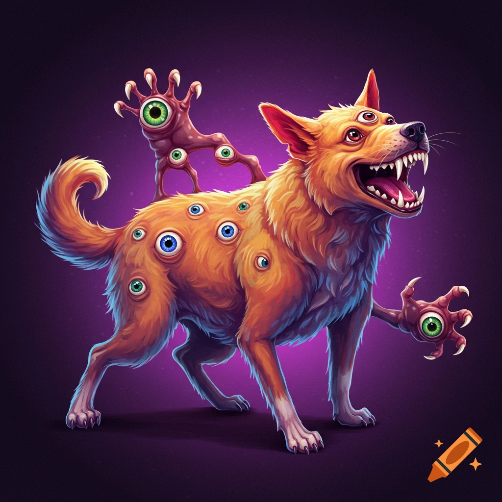 A stylized illustration of a dog-like monster covered in multiple eyes ...