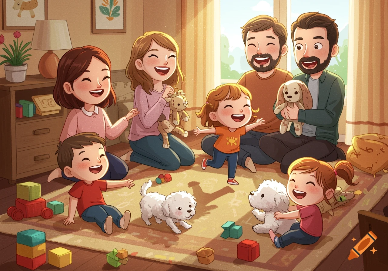 Cartoon Family Of 5 And A Dog
