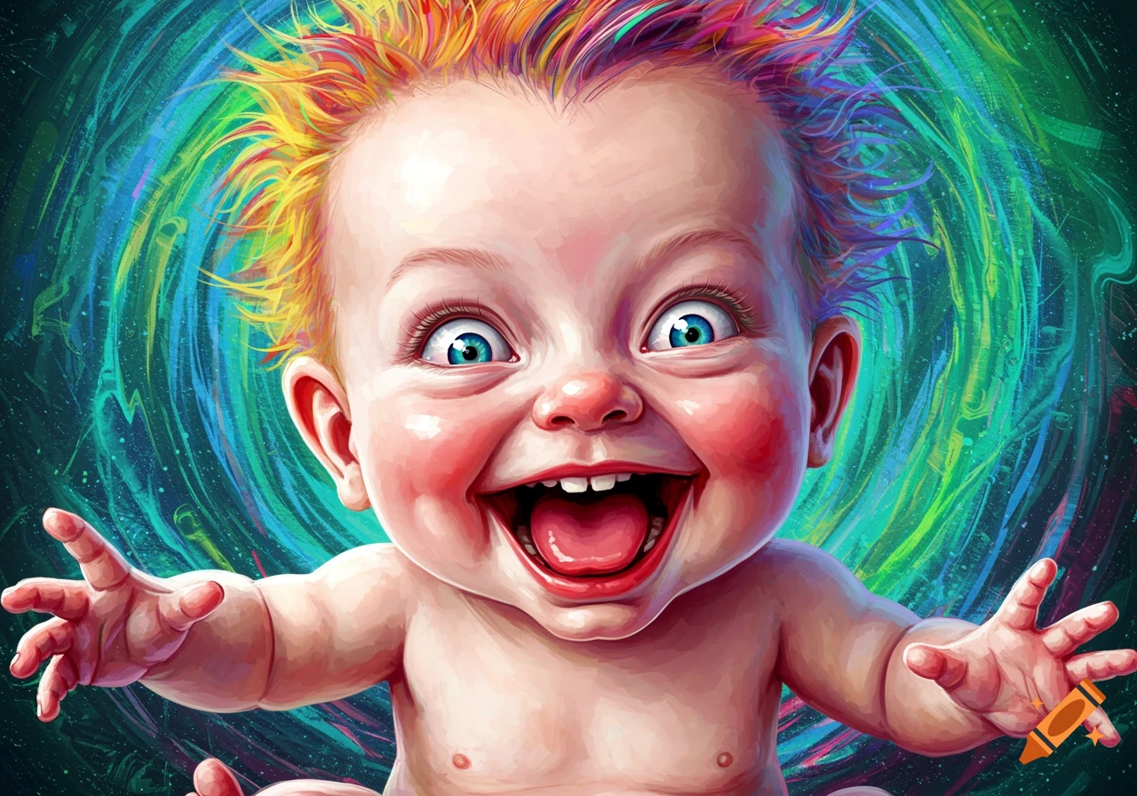 Exaggerated illustration of a laughing baby with colorful spiky hair ...