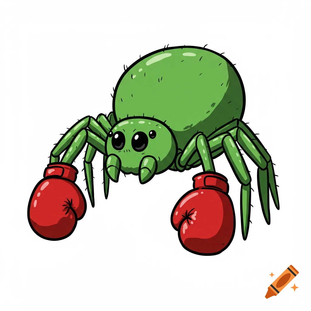 A cartoon green spider wears red boxing gloves. on Craiyon