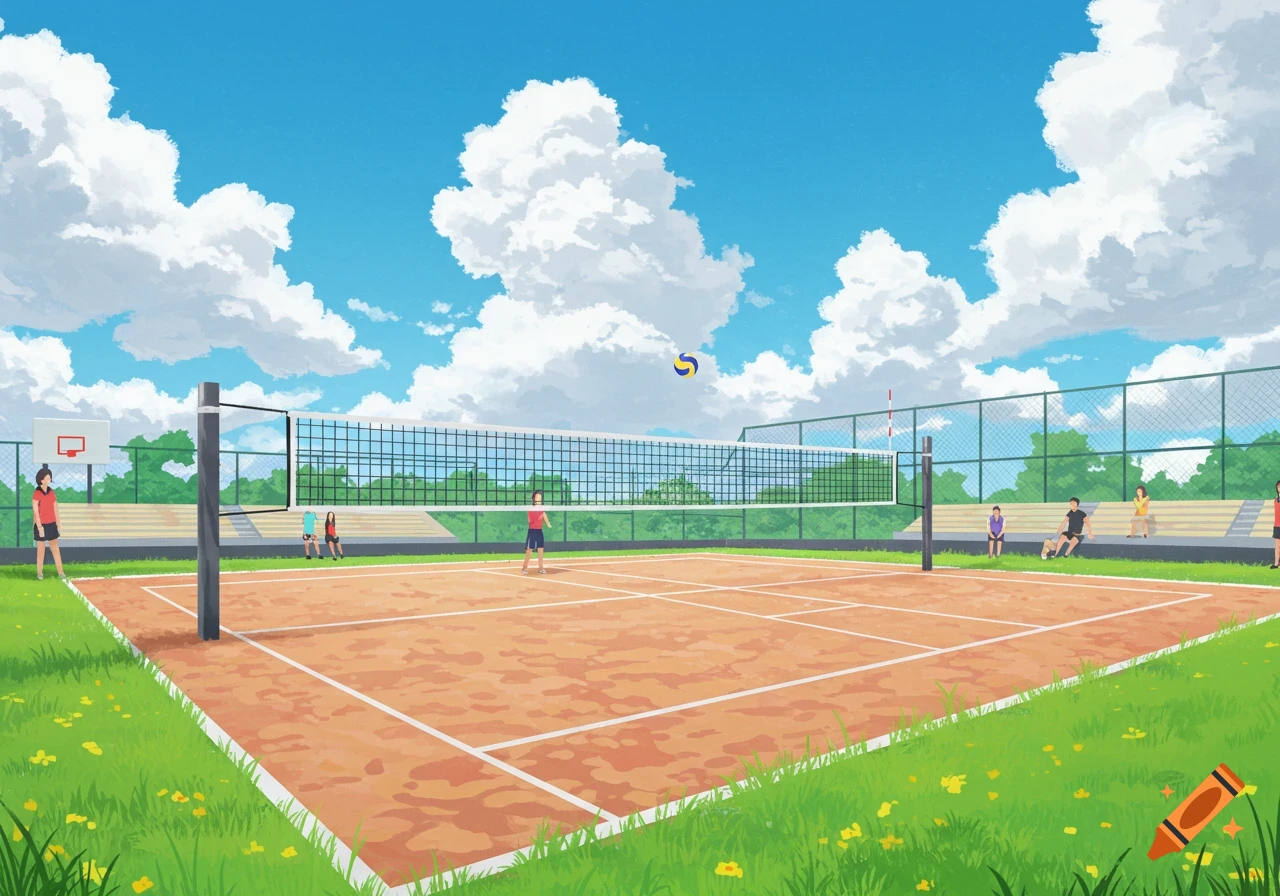 Anime illustration of a volleyball game on an outdoor court under a ...