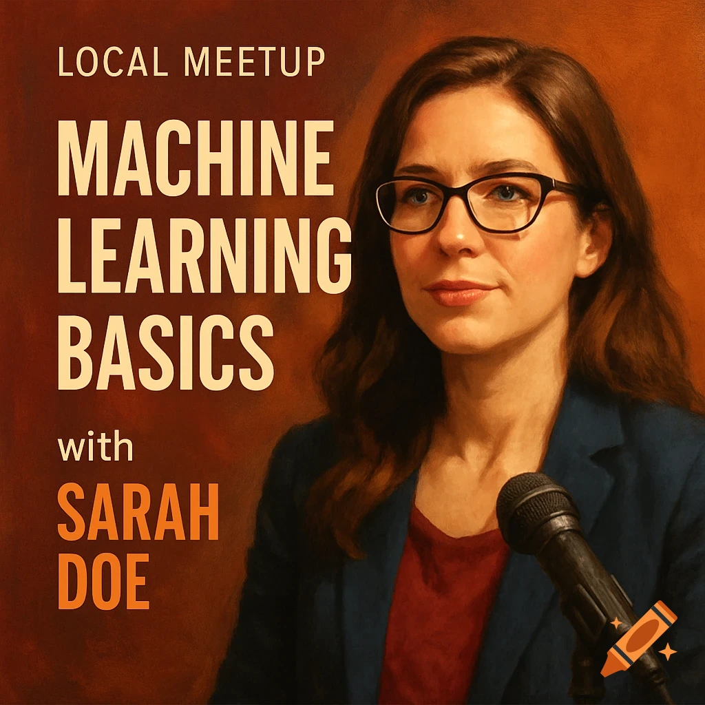 Portrait of a woman speaking at a microphone with text 'Local Meetup ...