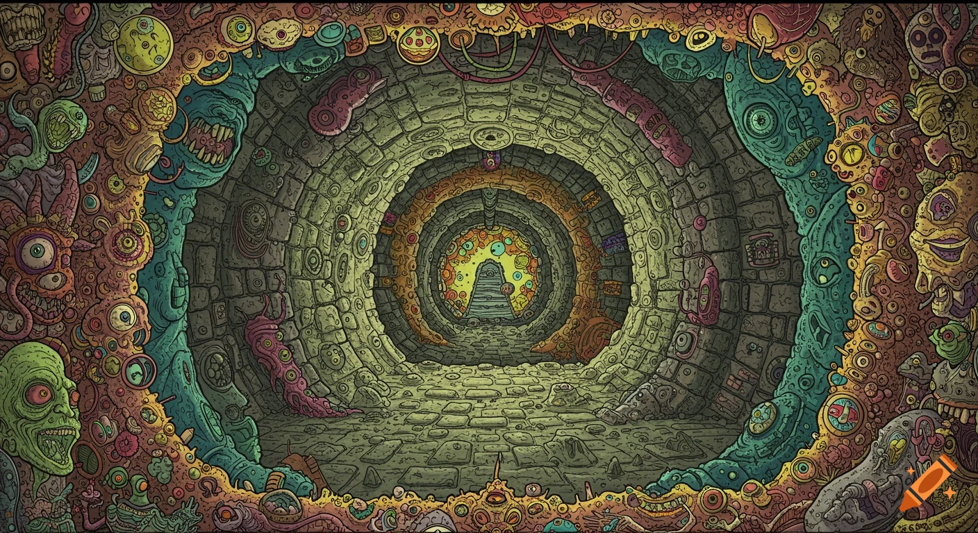 Grotesque cartoon creatures fill a stone tunnel in a psychedelic ...