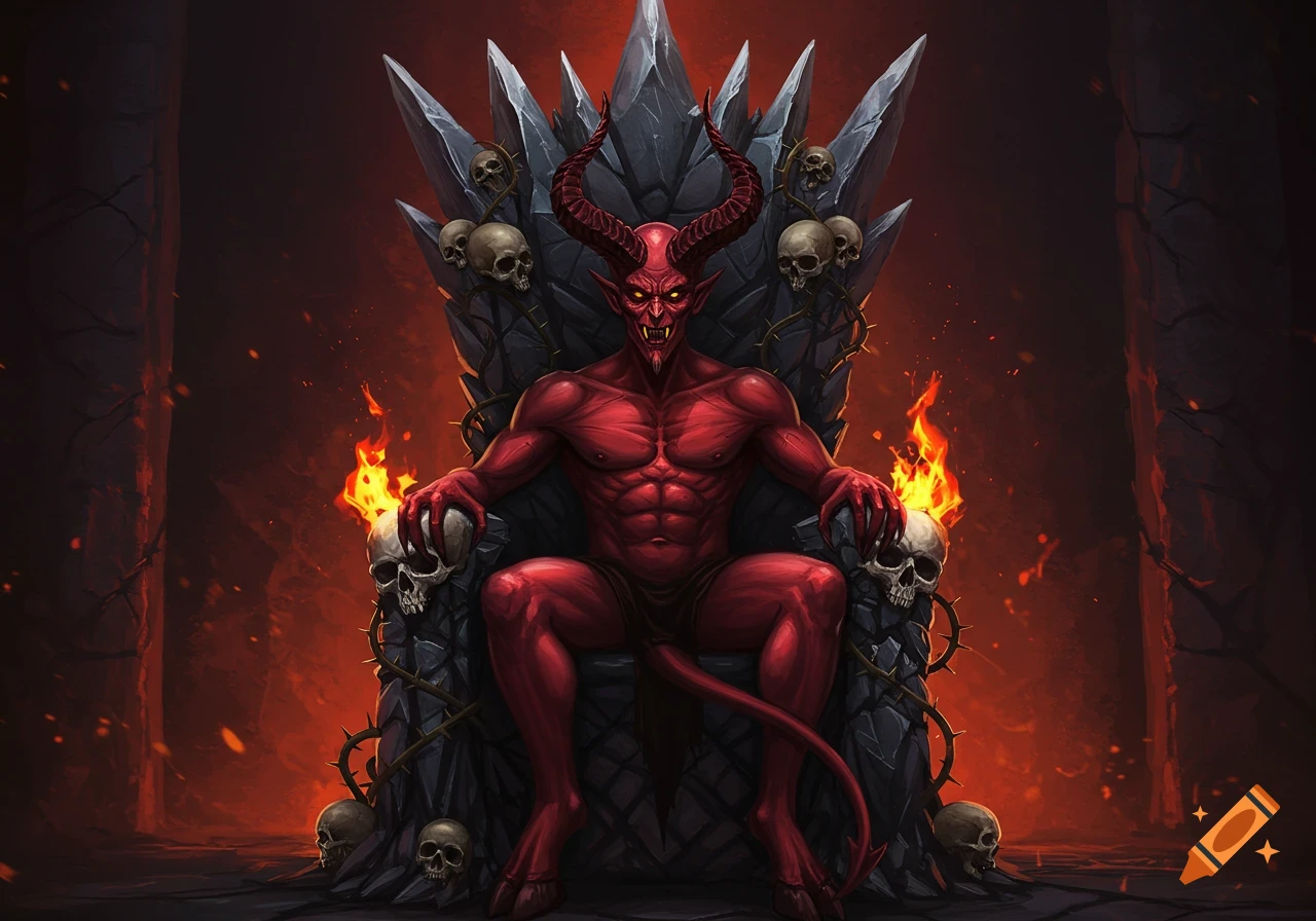 A red devil sits on a throne made of jagged stone and skulls, with fire ...